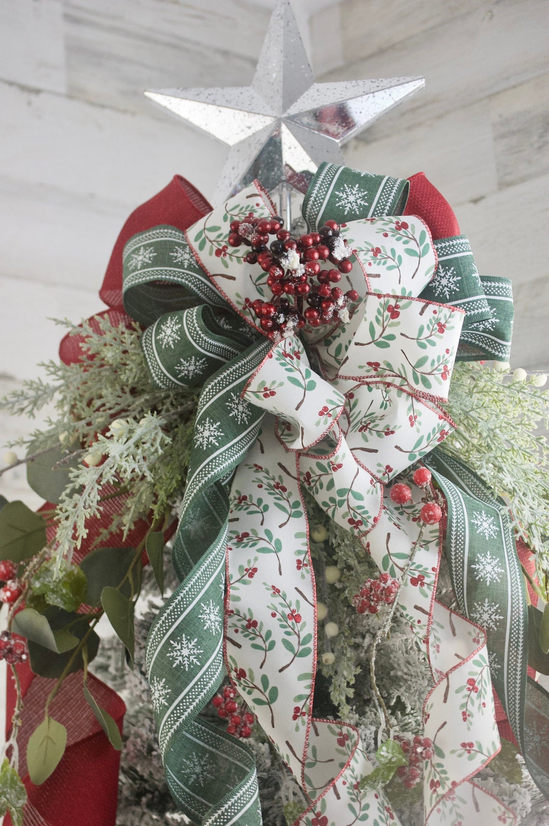 Farmhouse Christmas Tree Topper: Red Ribbon, Sage Green & Mistletoe - Etsy