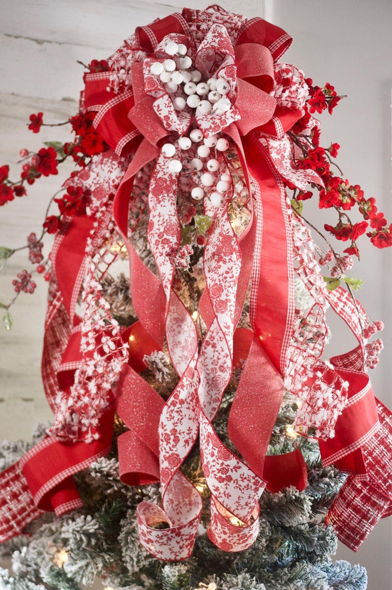Red Chinoiserie Christmas Tree Topper, Velvet Cherry Blossom, Toile ...