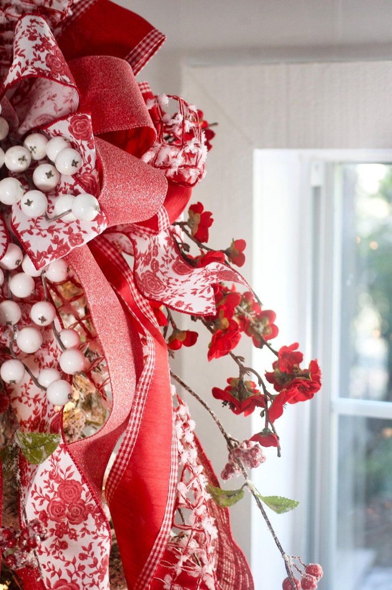 Red Chinoiserie Christmas Tree Topper, Velvet Cherry Blossom, Toile ...