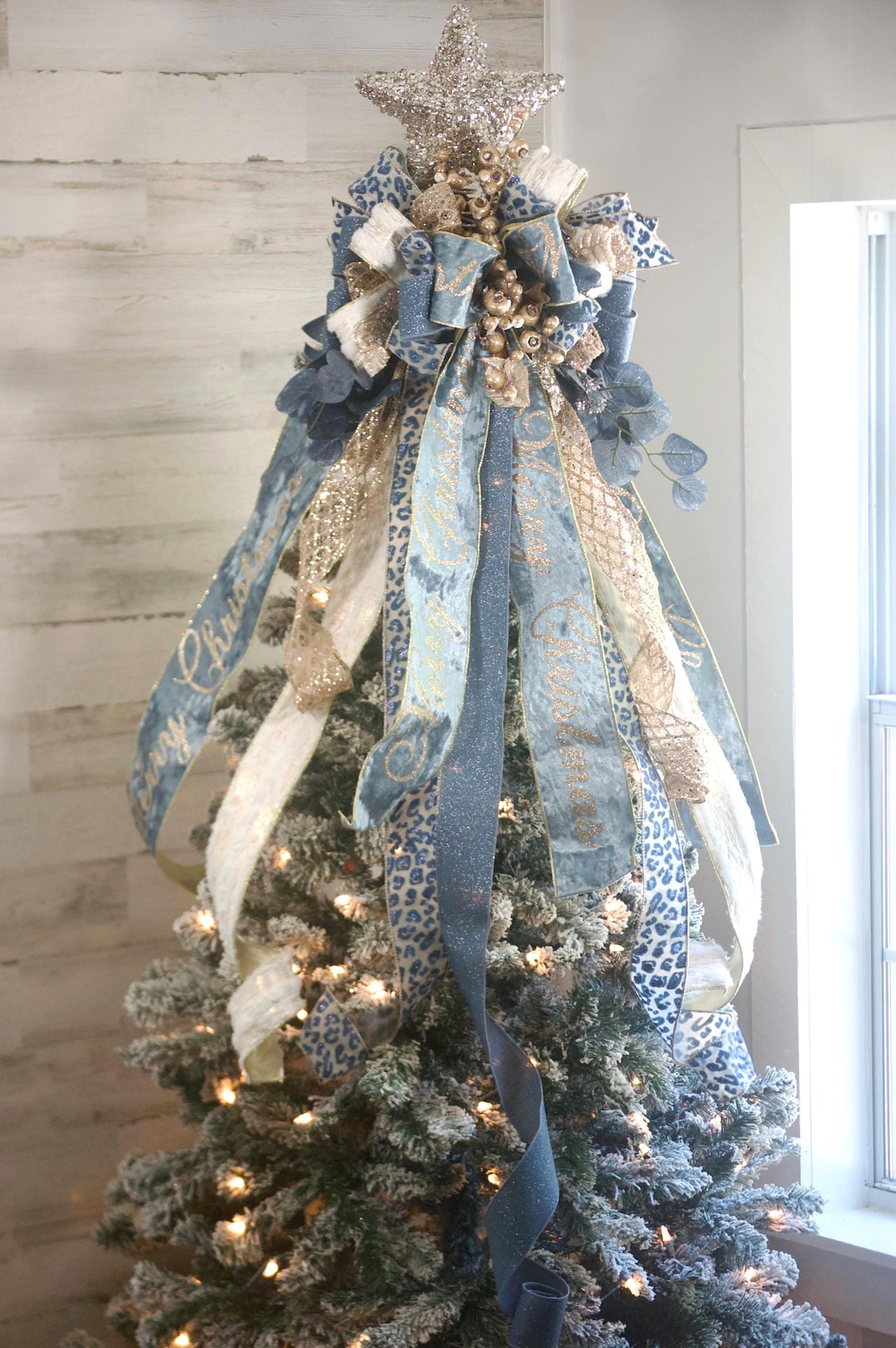 Dusty Blue Champagne Luxury Christmas Tree Topper Bow: Velvet, Large ...