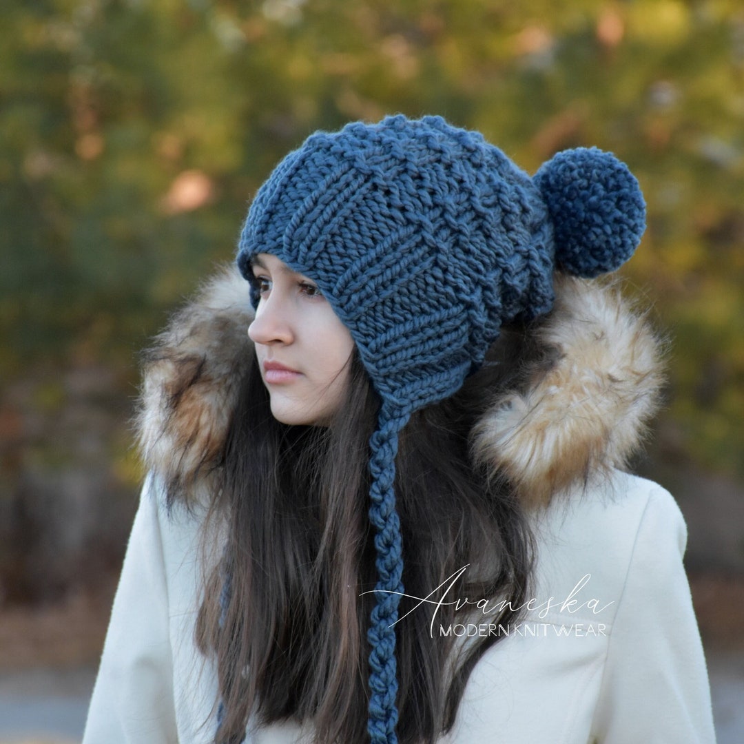 Knit Ear Flap Pom Pom Woolen Winter Chunky Bonnet Chullo Women's Girls ...