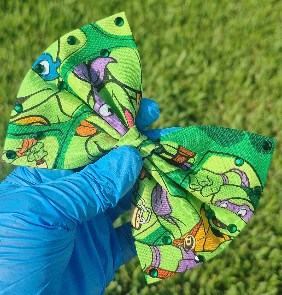 TMNT Hair Bow: Handmade Ninja Turtle Fabric Bow - Green Rhinestone ...