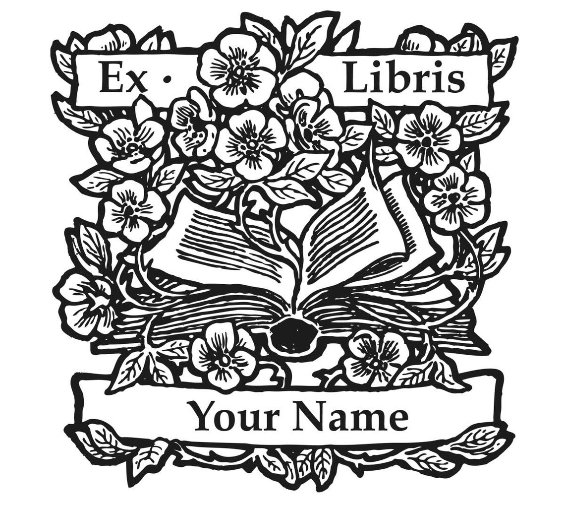 Bookplate Rubber Stamp, Book and Flowers - Etsy