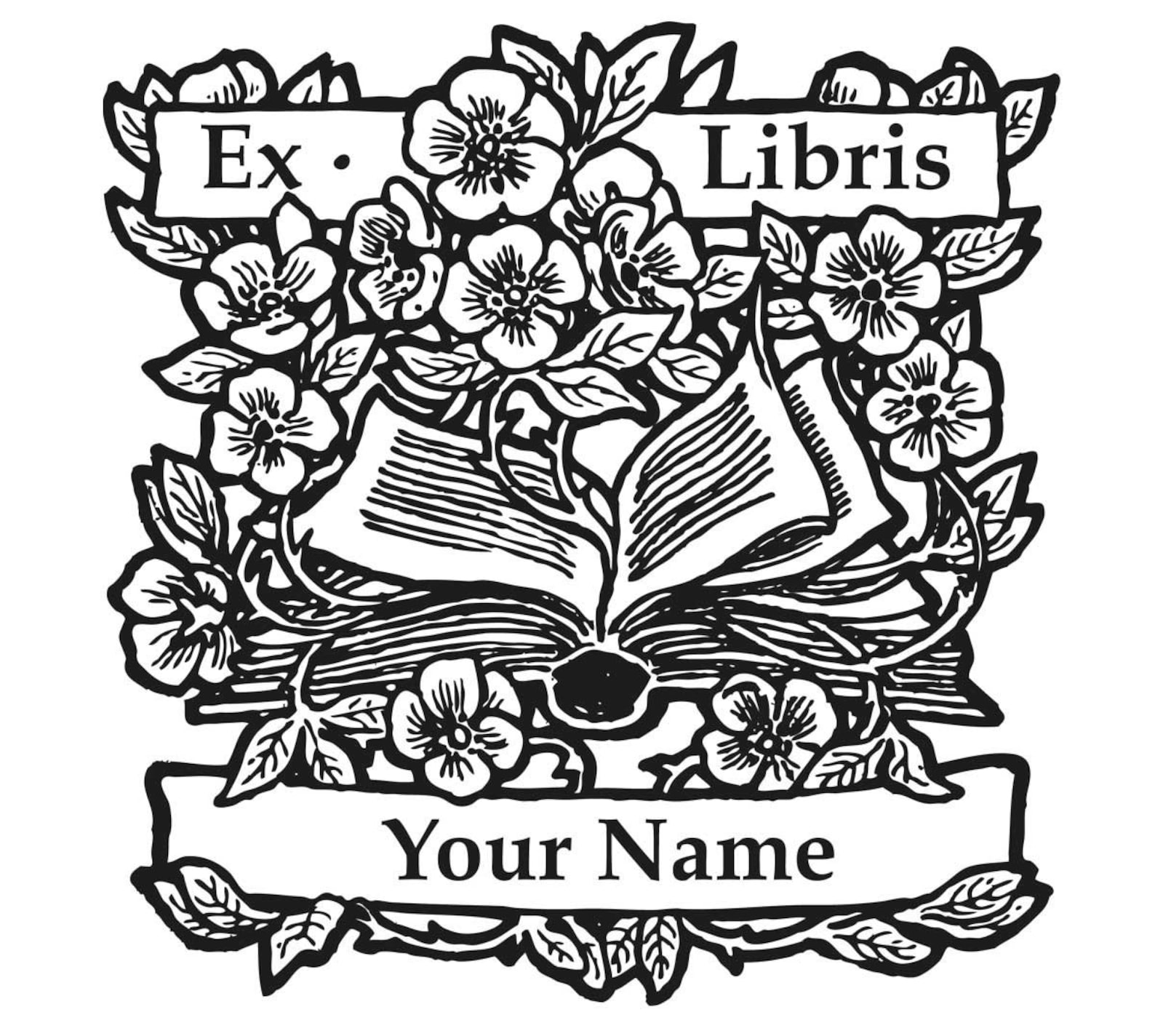 Bookplate Rubber Stamp, Book and Flowers - Etsy