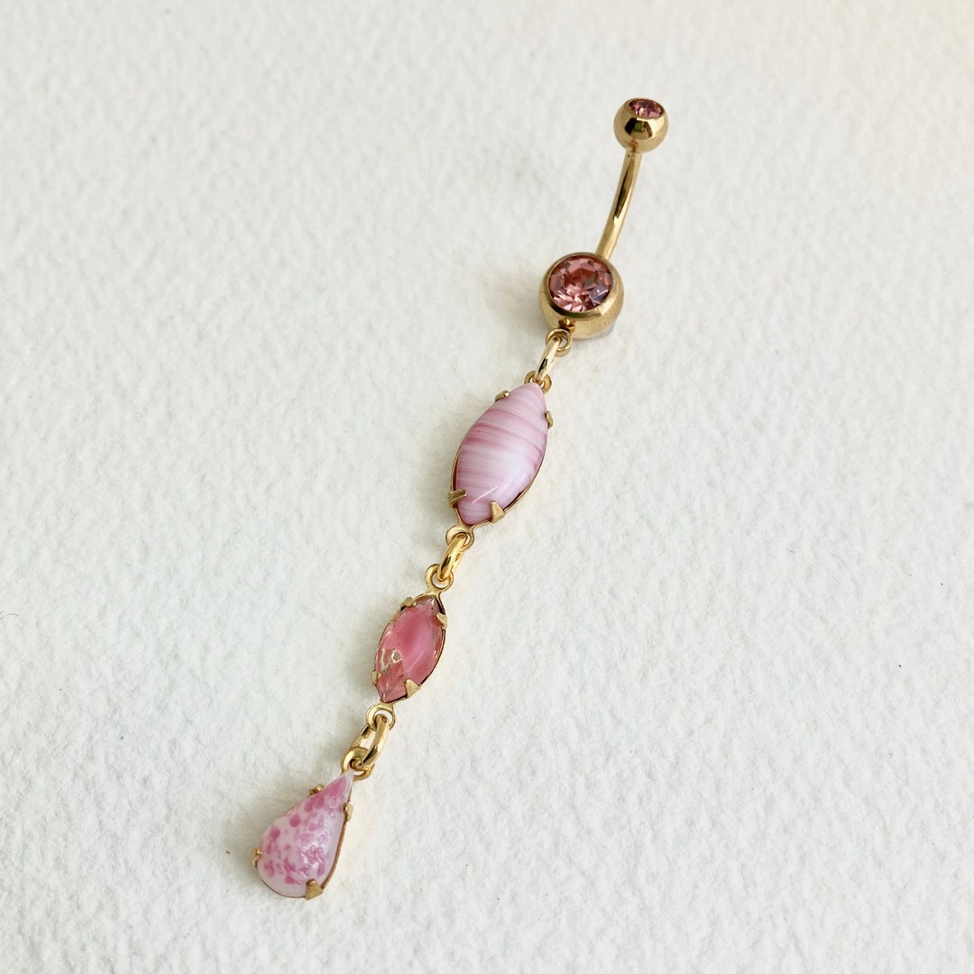 Long Pink Belly Ring - Dangle Belly Ring, PINK GIVRE Jewelry, Gold ...