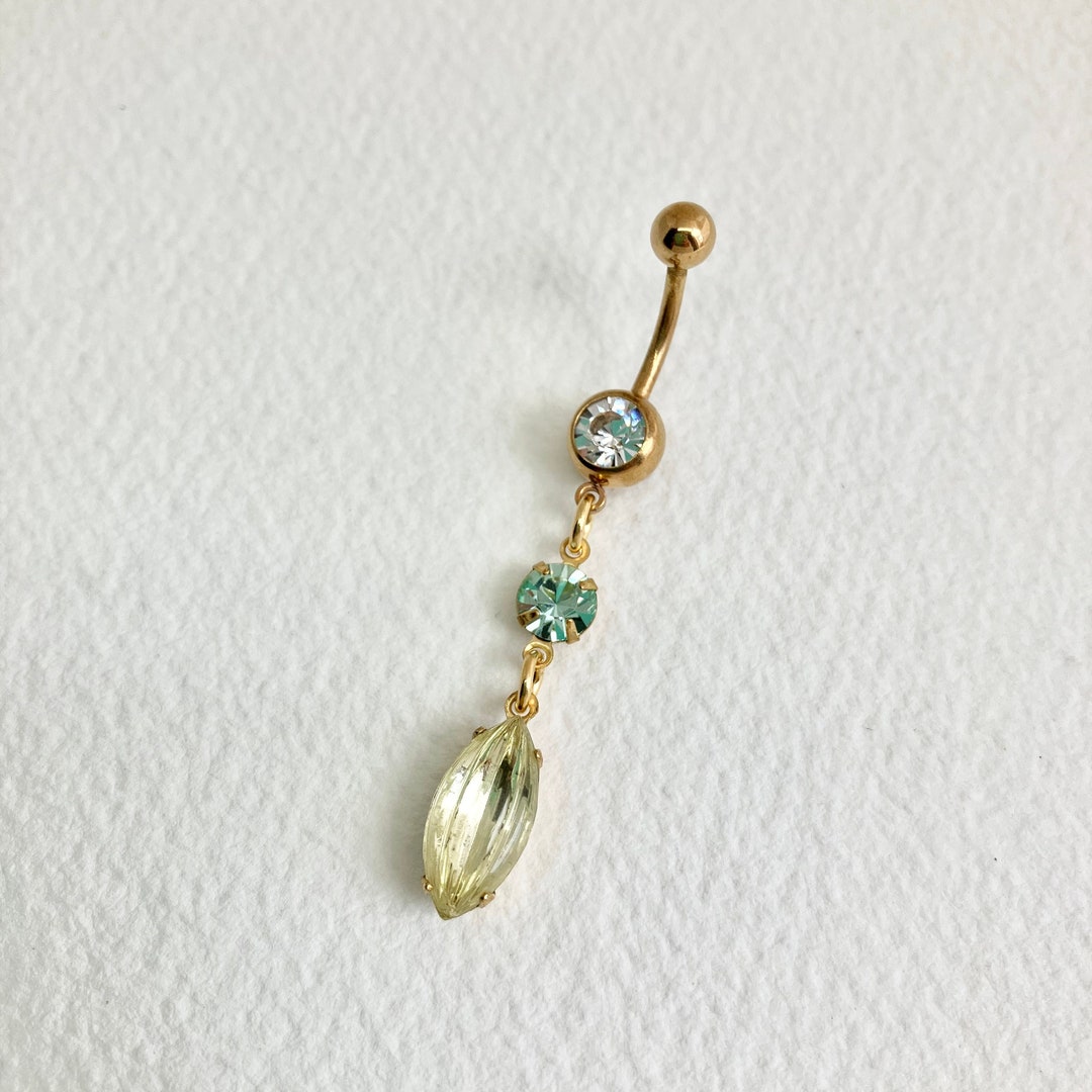 Gold Belly Ring Long Dangle Chain Yellow Crystal Belly Ring, Green ...