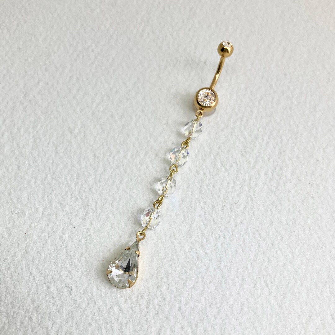 Gold Chain Belly Ring - Dangle Belly Ring, Long Crystal Belly Ring ...