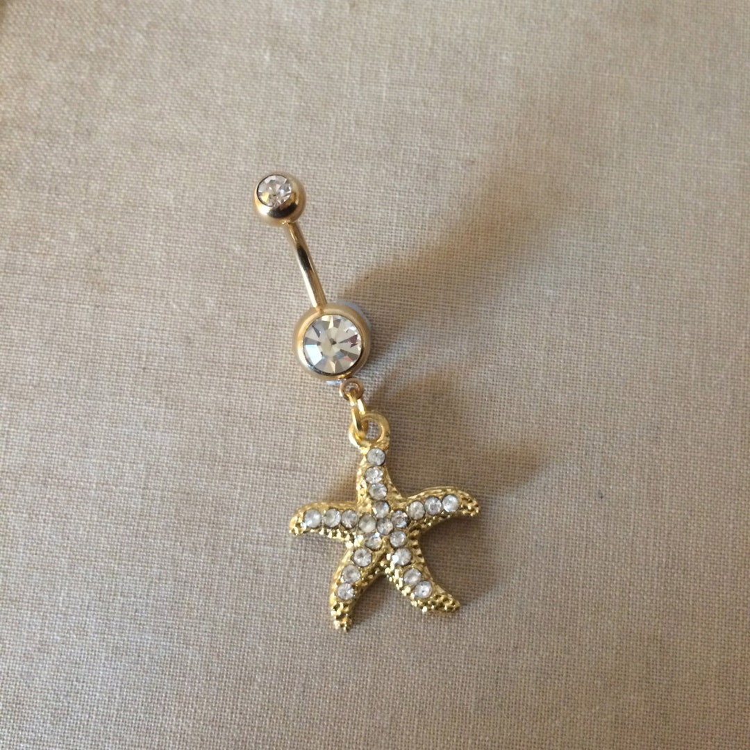 Gold Starfish Belly Button Ring Gold Belly Ring, Crystal Belly Ring ...