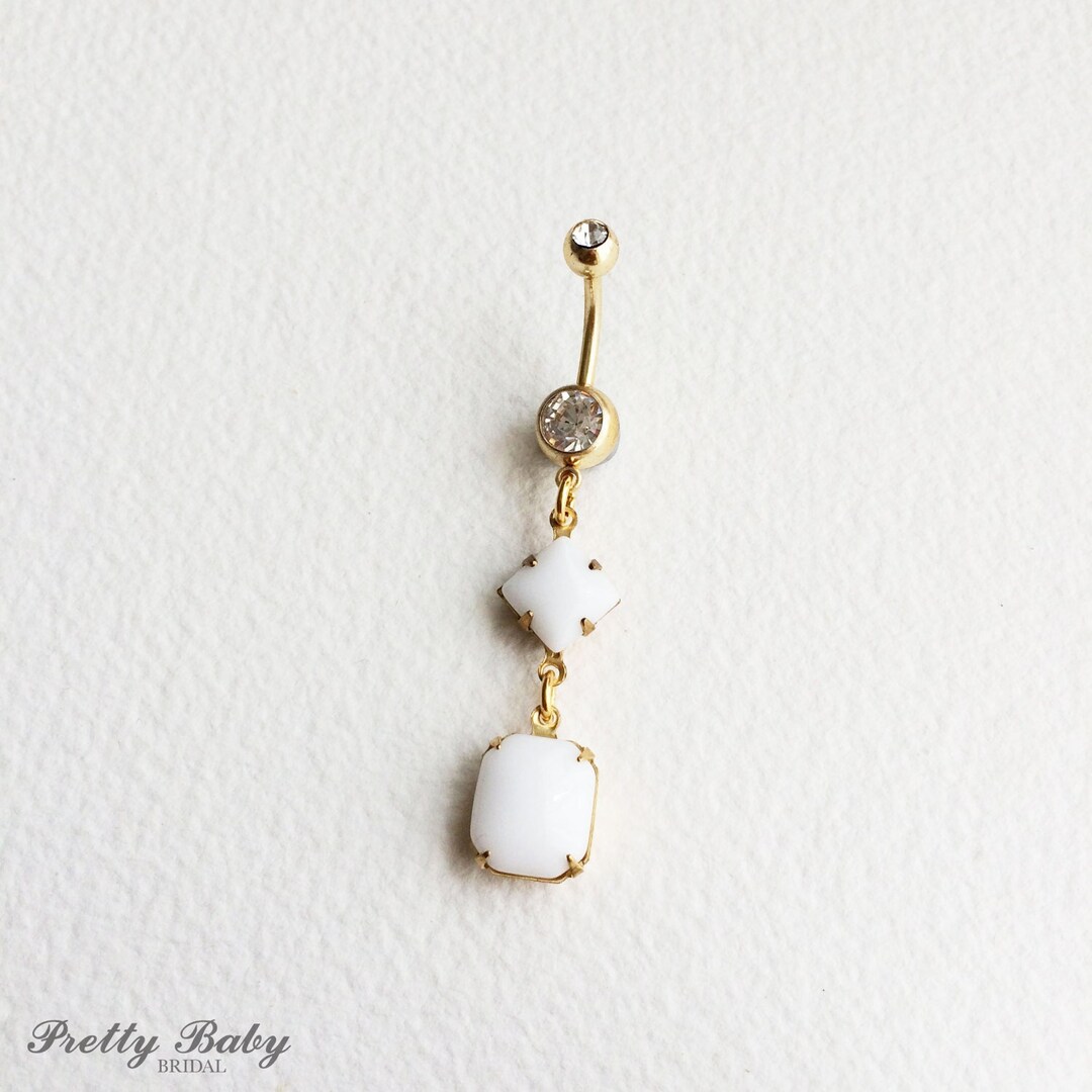 White Belly Ring - Dangle Belly Ring, Long Belly Ring, Gold Belly Ring ...