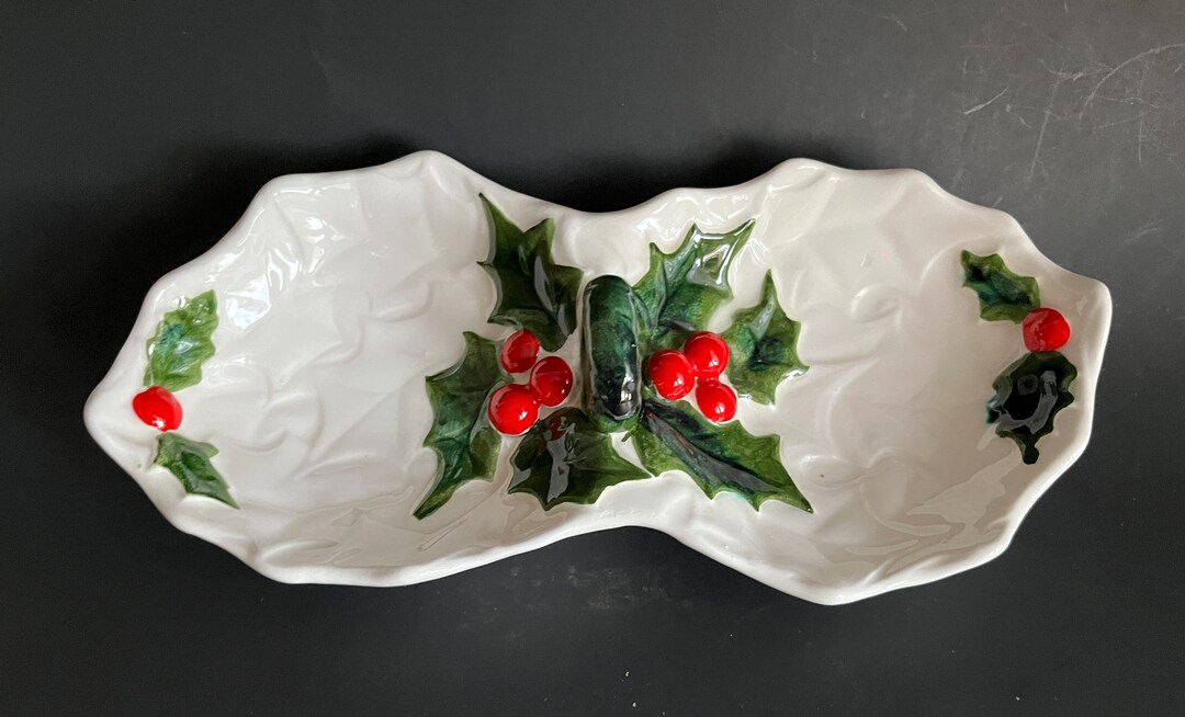 Vintage Lefton White Holly Tidbit Tray Double Sided Tray With Handle - Etsy