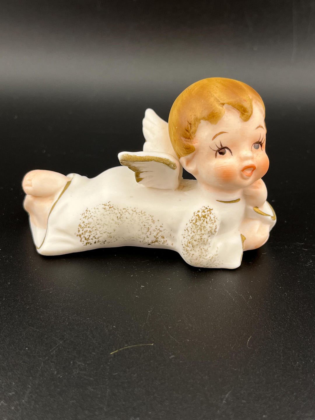 Vintage Reclining Boy Angel Sponge Gold Gown Accents 3 1/8 Inches Long ...