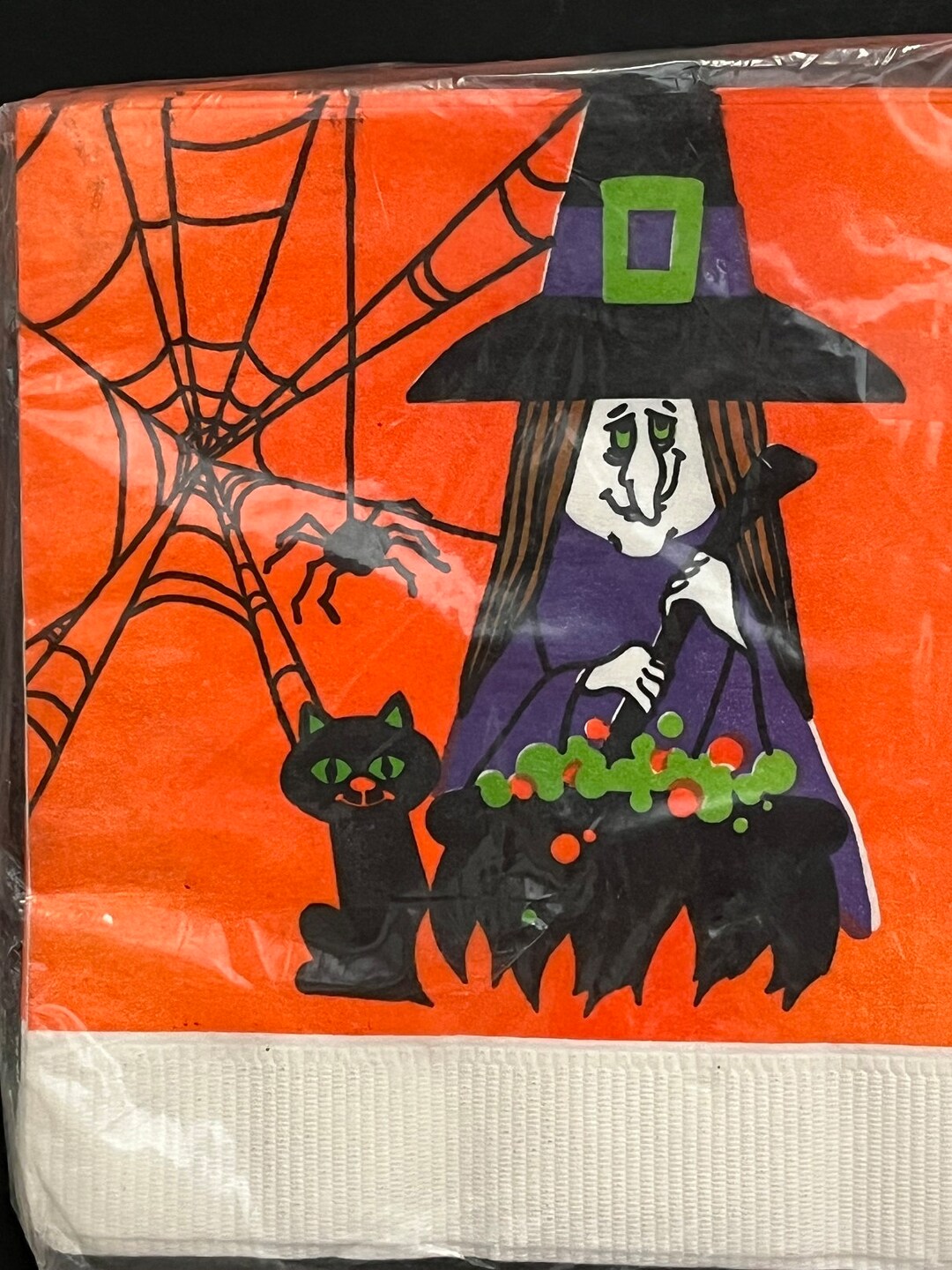 NOS Vintage Halloween Napkins Witch and Black Cat Stirring Cauldron Two ...