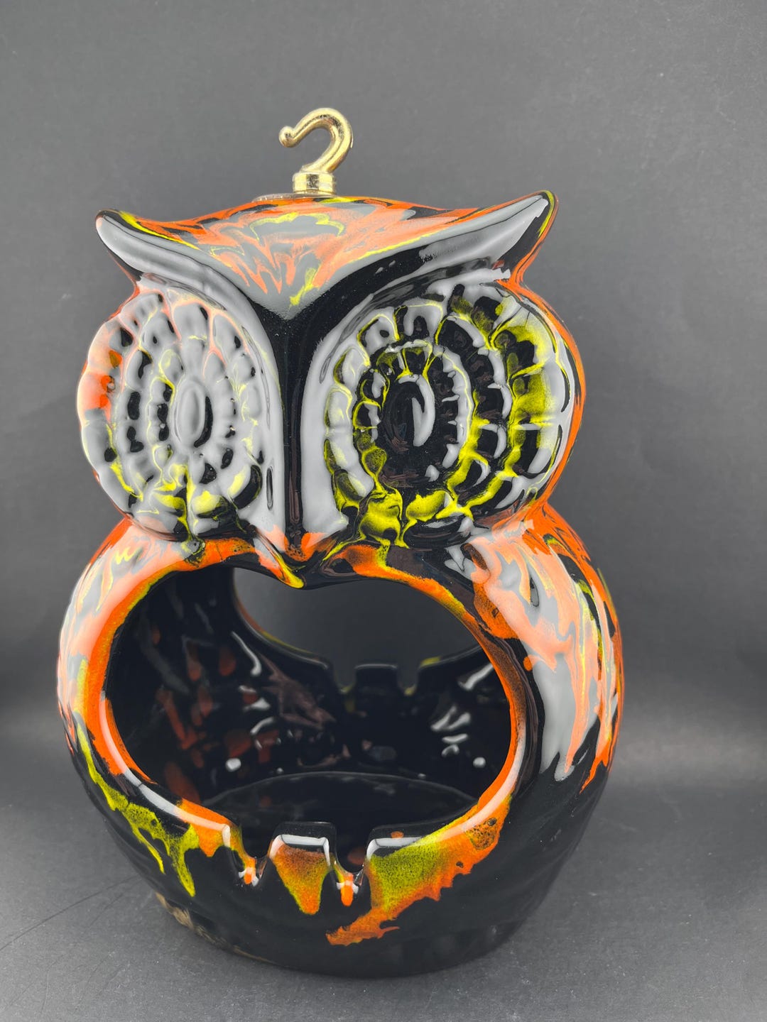 MCM Hanging Owl Ashtray 9 Inch Drip Glaze Brown Orange - Etsy