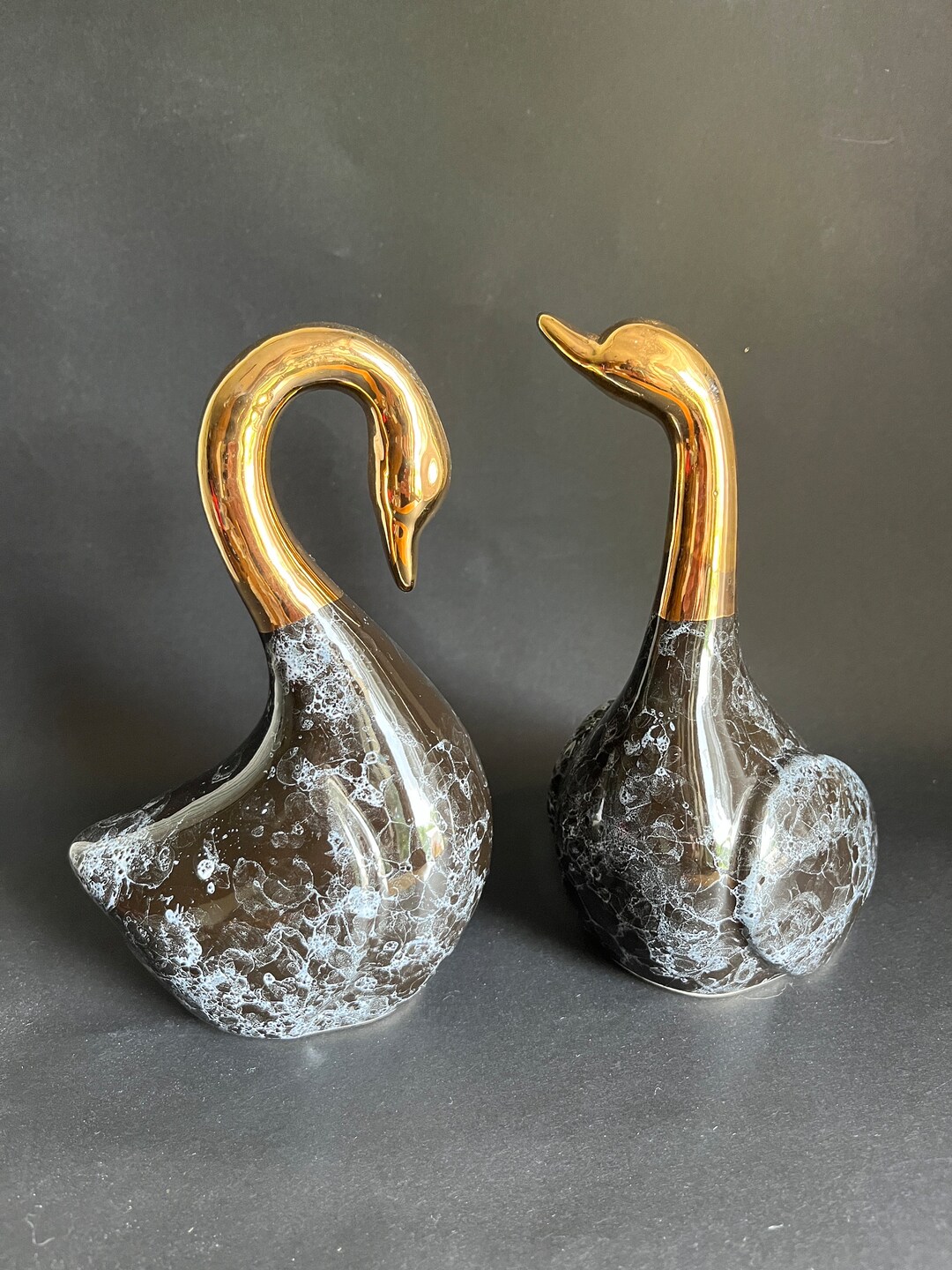 Vintage Stylized Swan Set Figurines Black Marblized Glaze With Gold ...