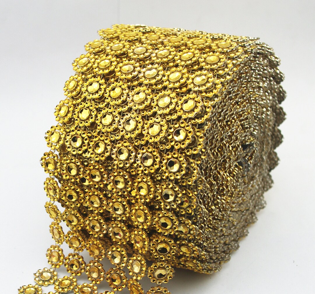 6 Row Sunflower Rhinestone Mesh Ribbon Gold Diamante Wedding Table Wrap ...