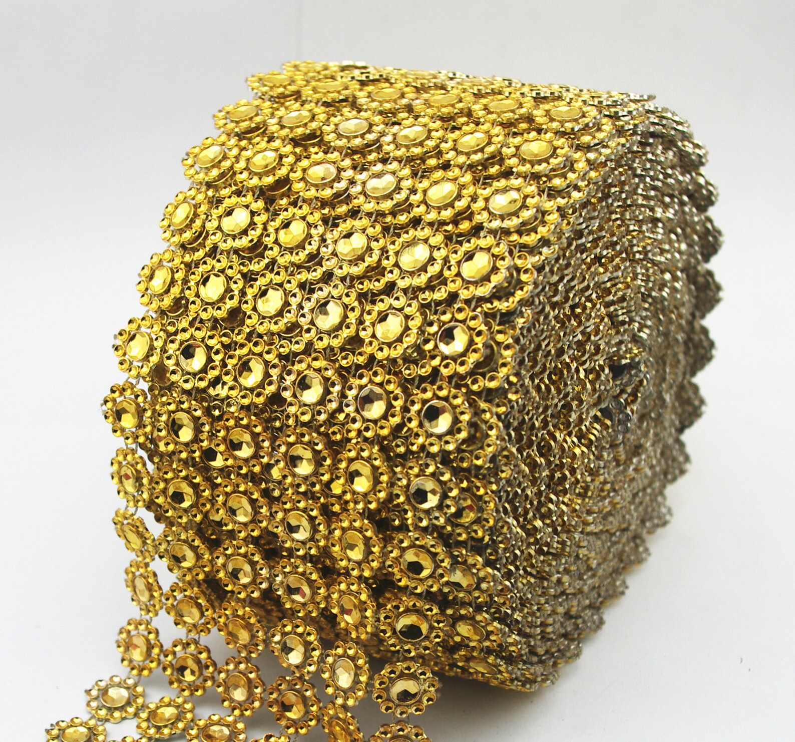 6 Row Sunflower Rhinestone Mesh Ribbon Gold Diamante Wedding Table Wrap ...