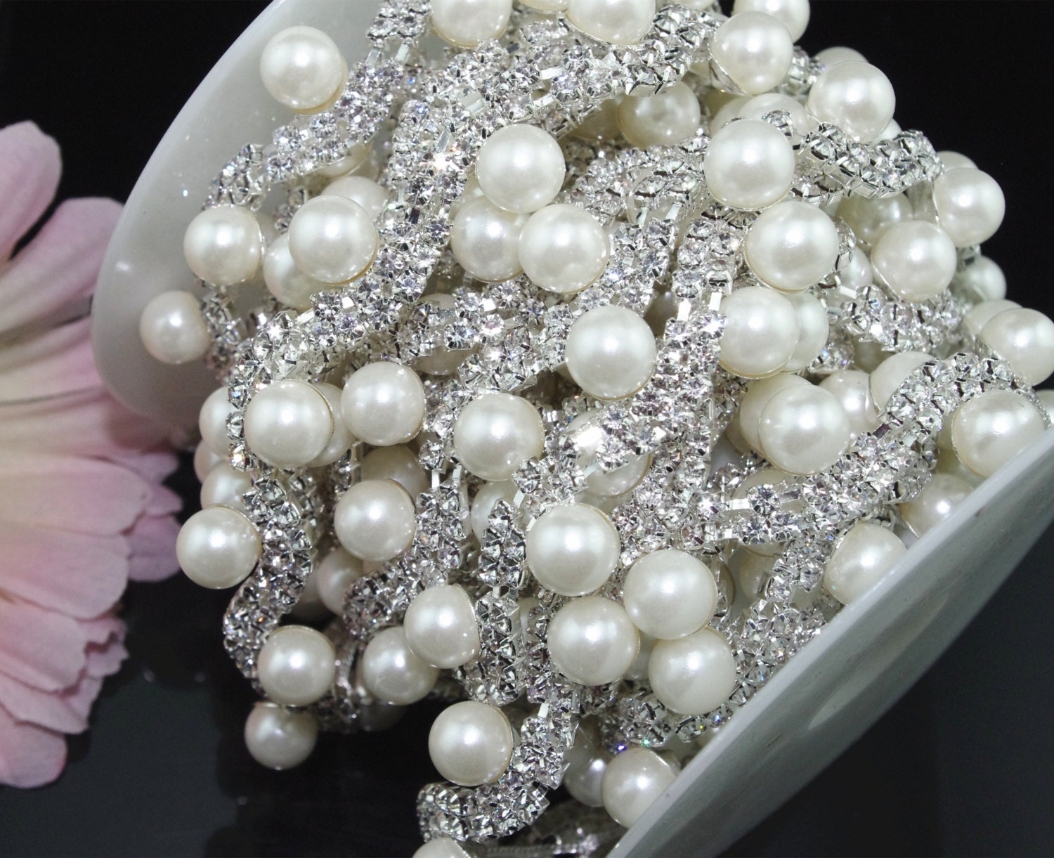 1 Yard 2 Rows 3mm Clear Crystal and Pearl Rhinestone Close | Etsy