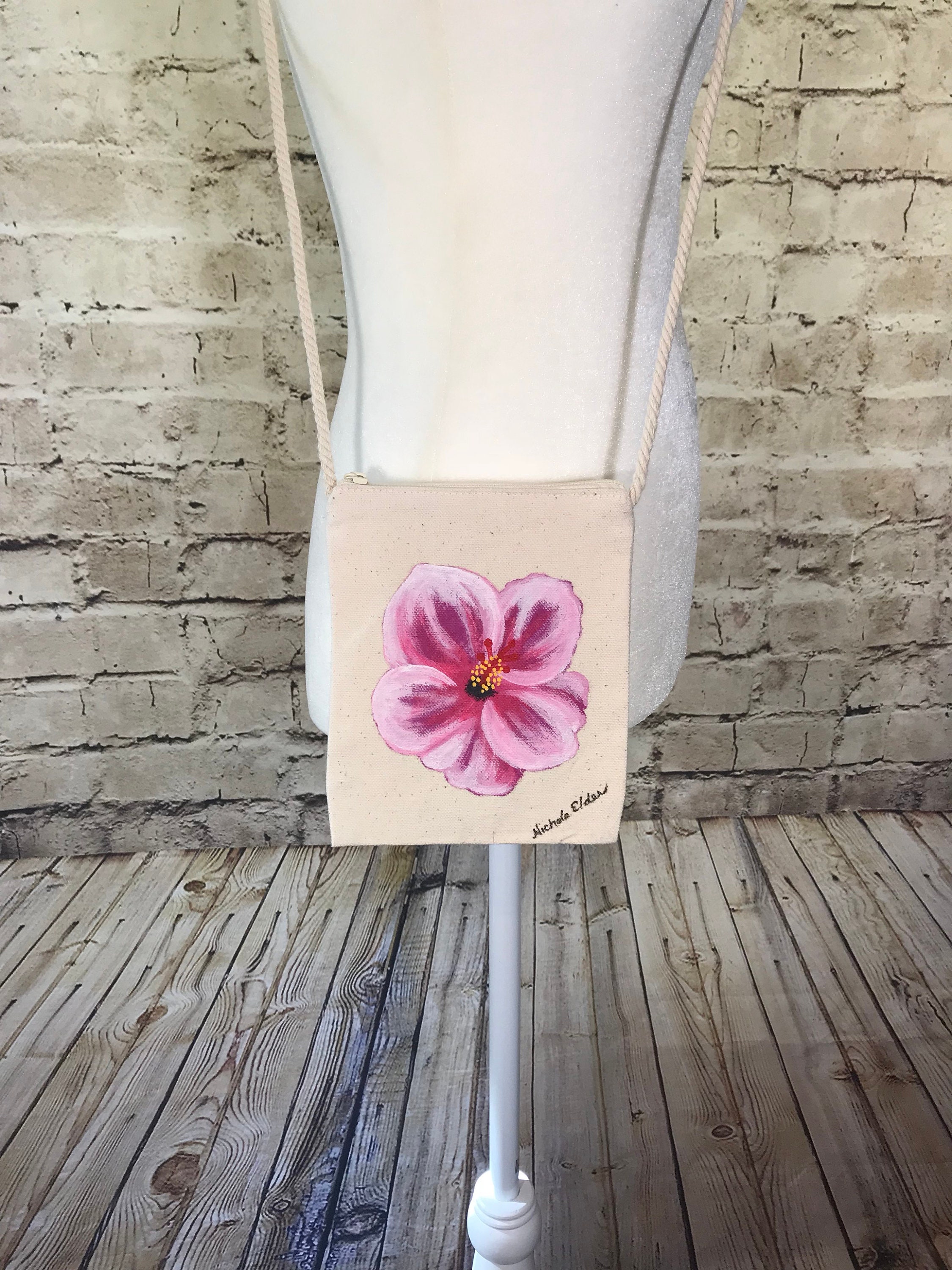 Flower Bag, Small Purse, Pink Hibiscus, Travel Purse, Hand Painted ...