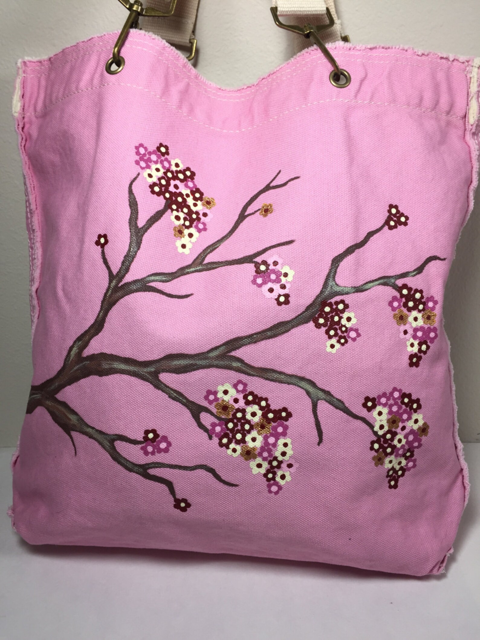 Pink Tote Purse, Authentic Pigment, Hand Painted, Cherry Blossoms, Tote ...