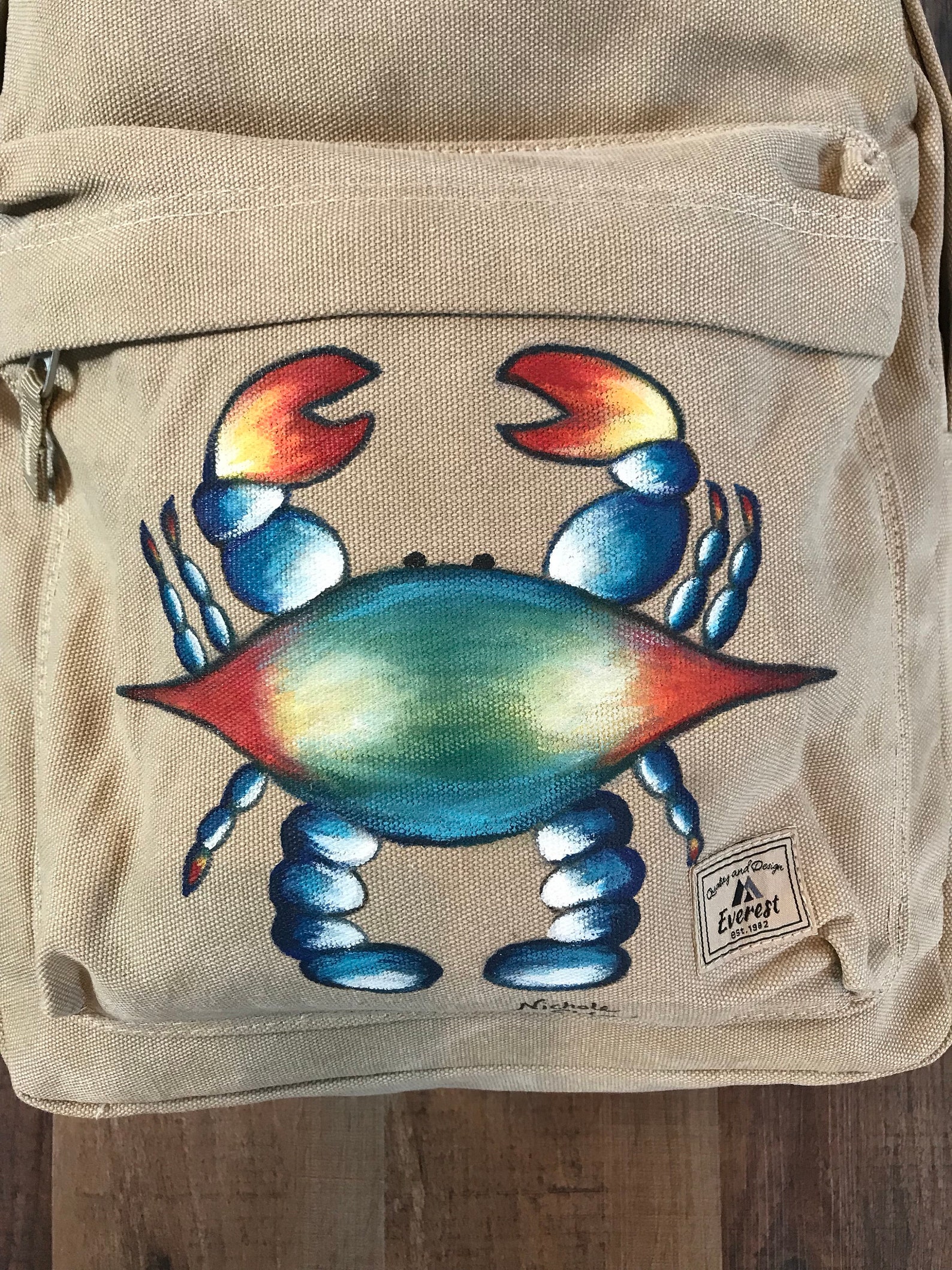 Painted Backpack, Crab Bag, Khaki Canvas Backpack, Laptop Bag, College ...