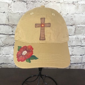 Womens Cross Hat, Red Rose Hat, Authentic Pigment Baseball Cap, Khaki ...