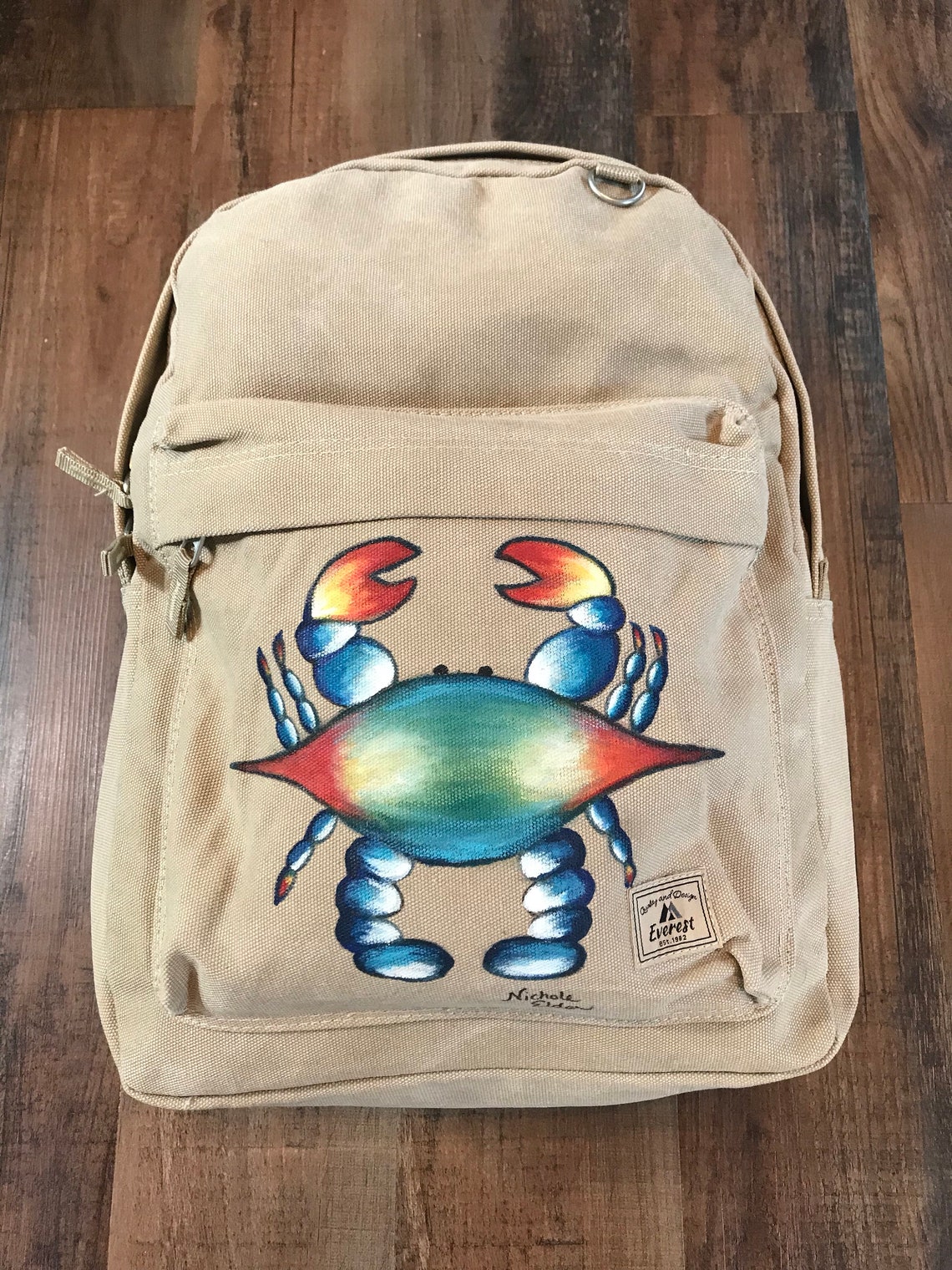 Painted Backpack, Crab Bag, Khaki Canvas Backpack, Laptop Bag, College ...