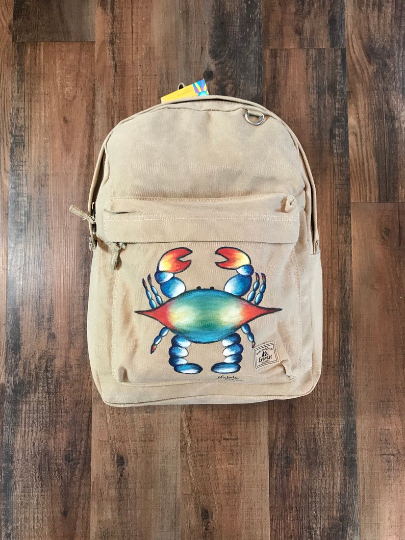 Painted Backpack, Crab Bag, Khaki Canvas Backpack, Laptop Bag, College ...