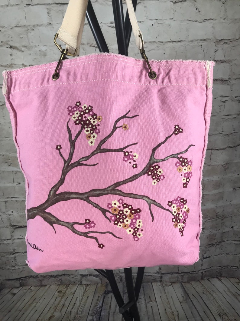 Pink Tote Purse, Authentic Pigment, Hand Painted, Cherry Blossoms, Tote ...