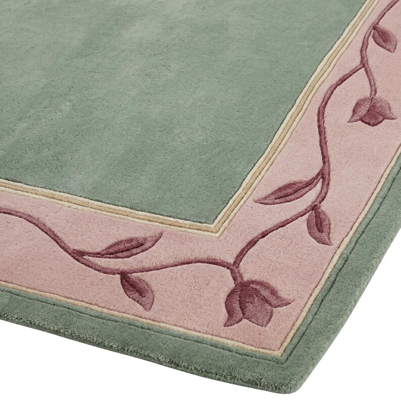 Sage Green Hand Tufted Wool Rug | 3D Carved Pink Floral Border Area Rug ...