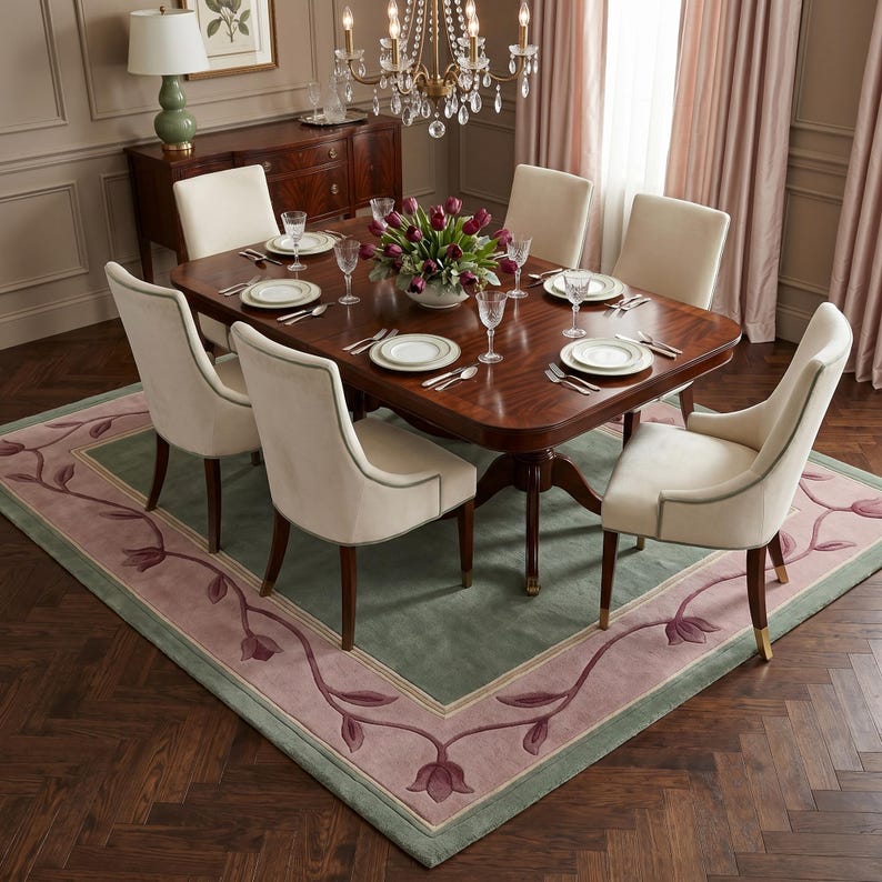 Sage Green Hand Tufted Wool Rug | 3D Carved Pink Floral Border Area Rug ...