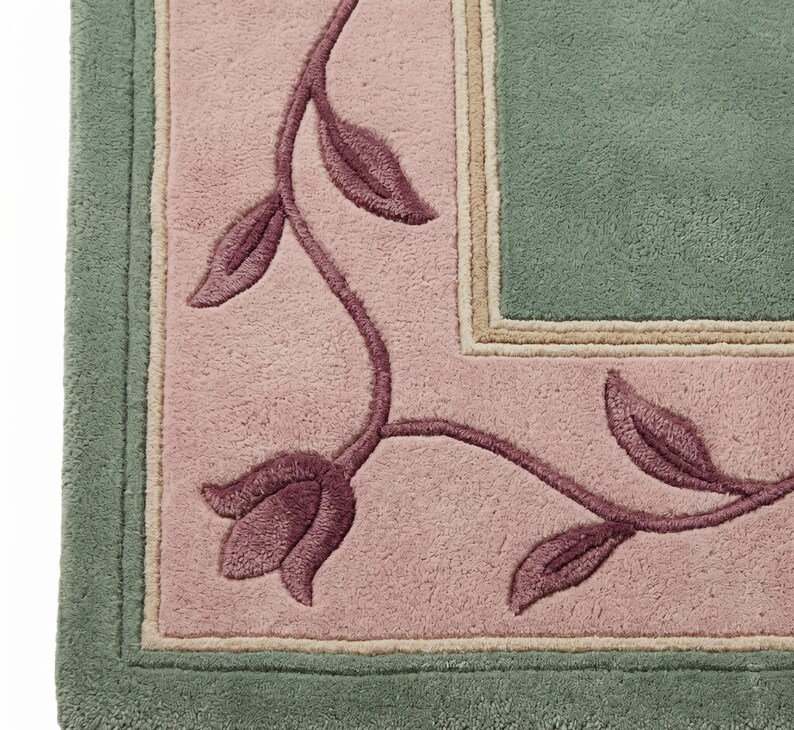 Sage Green Hand Tufted Wool Rug | 3D Carved Pink Floral Border Area Rug ...