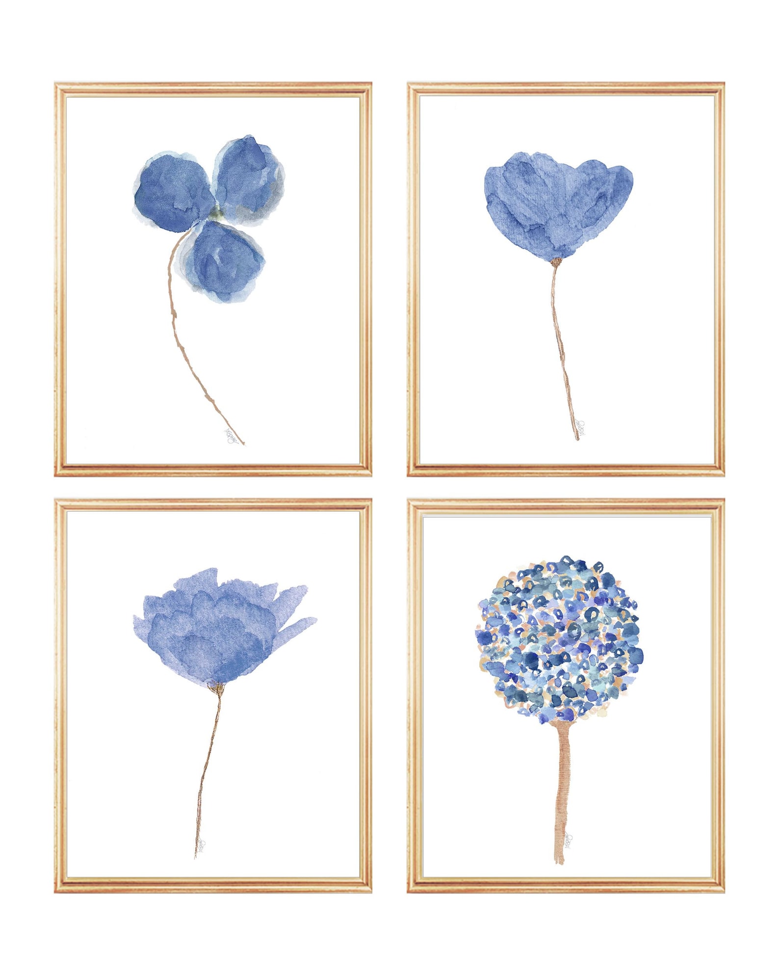Denim Blue Flowers Print Set, 8x10 Gallery Wall, Blue Watercolor ...