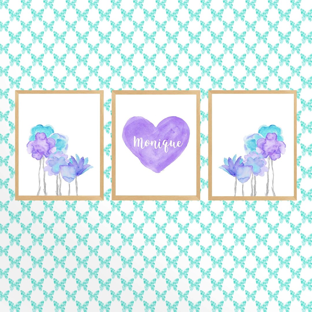 Turquoise and Lavender Flower Prints for Girls Boho Bedroom, Nursery ...