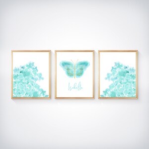 Blue Green Butterfly Print, Set of 3, Butterfly and Flowers Artwork ...