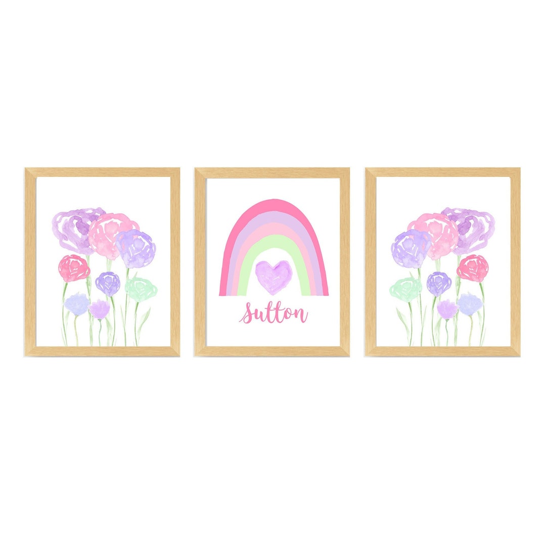 Bright Pastel Rainbow and Flowers Print Set of 3, Rainbow Print Set ...