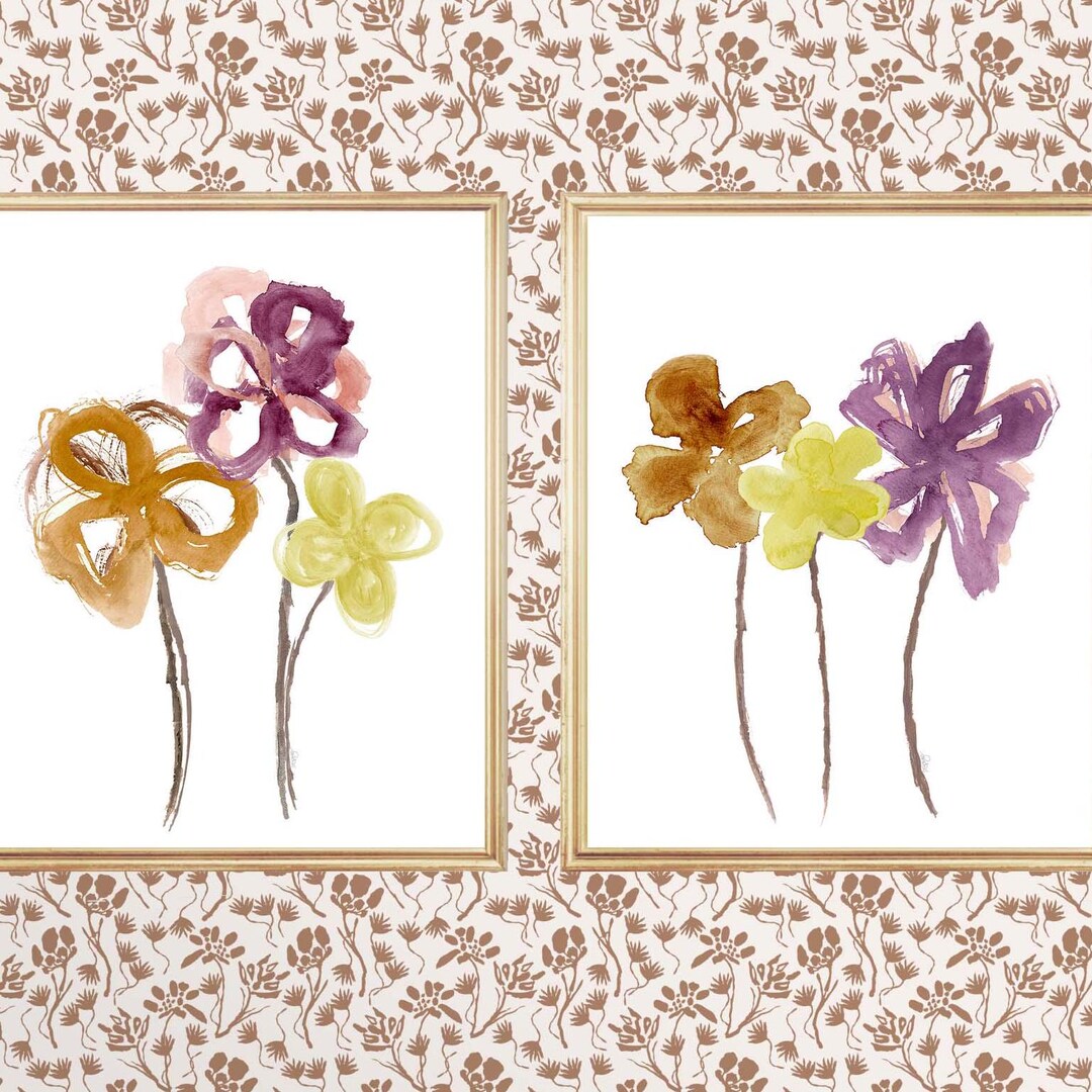 Plum and Ochre Floral Art Prints, Earthy Flower Prints, Purple and Gold ...