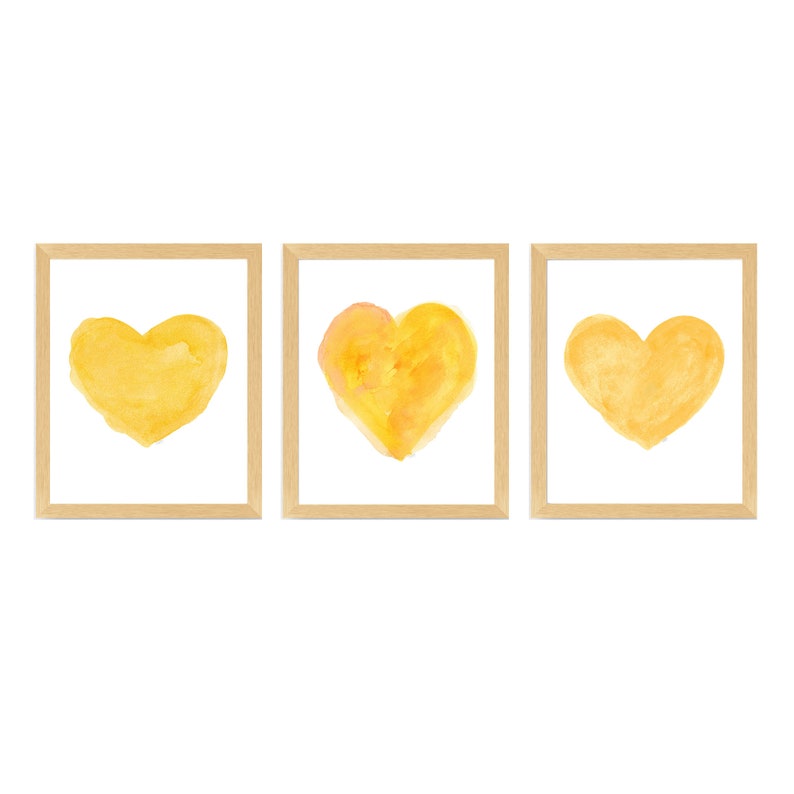 Yellow Heart Prints, Set of 3, Yellow Wall Art, Yellow Nursery Prints ...