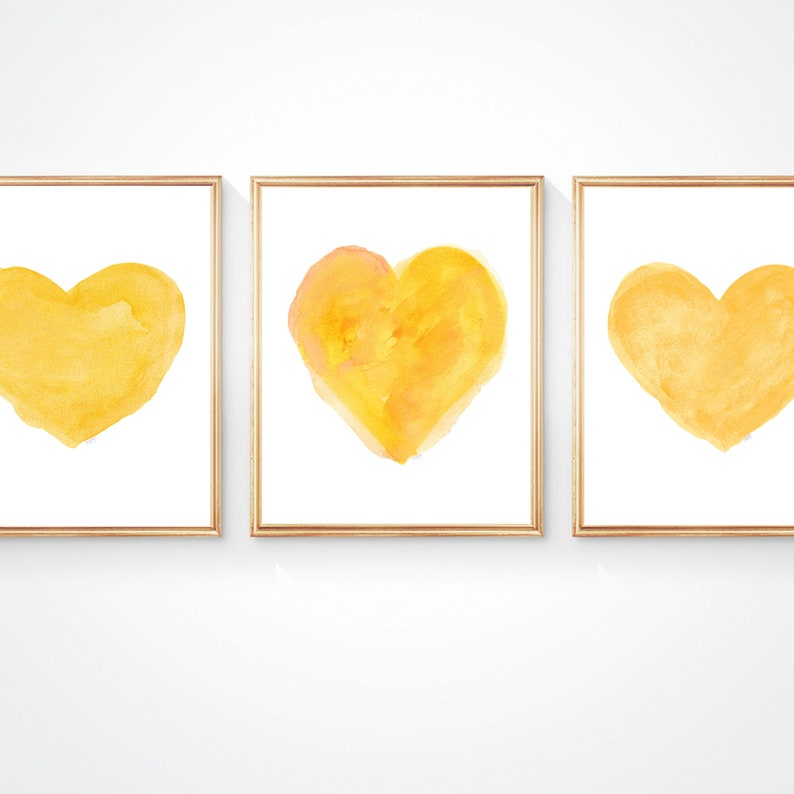 Yellow Heart Prints, Set of 3, Yellow Wall Art, Yellow Nursery Prints ...