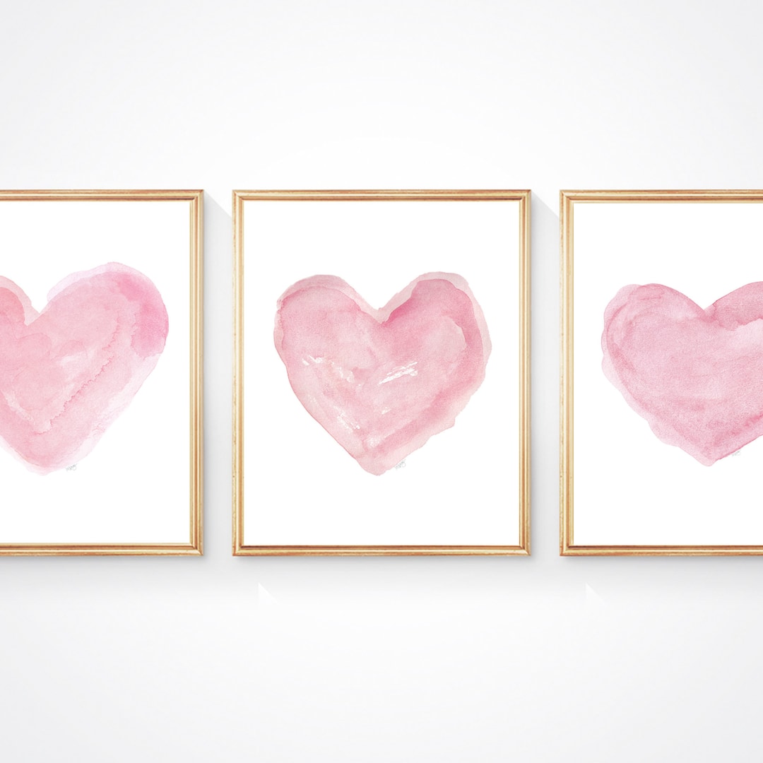 Pink Heart Wall Art, Set of 3 Prints, Pink Watercolor Hearts, Pink ...