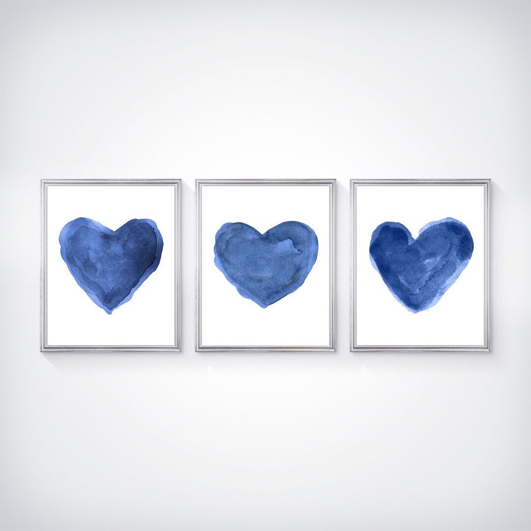 Navy Heart Prints, Set of 3, Navy Blue Wall Art, Navy Wall Prints, Navy ...