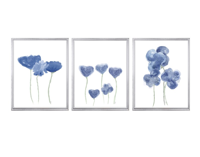 Navy Floral Wall Art Set of 3 Prints Contemporary Flower - Etsy