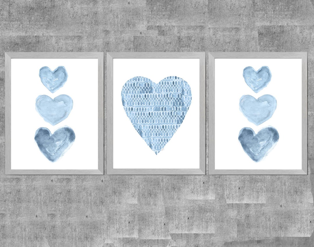 Denim Blue Heart Prints Set of 3, Blue Bedroom Prints, Navy Nursery ...