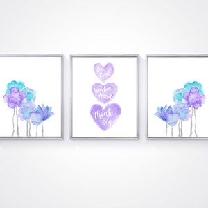 Lavender and Turquoise Flower Prints, Floral Artwork for Bedroom, Girl ...