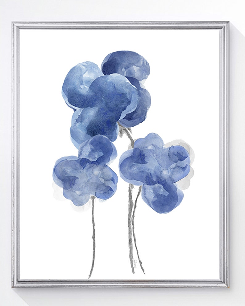 Blue and Gray Floral Wall Art, Set of 3 Prints, Watercolor Botanical ...