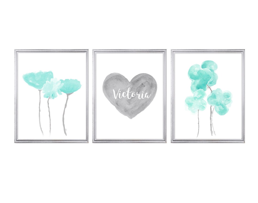 Aqua and Gray Girls Wall Art, Set of 3 Prints, Aqua Girls Room Decor ...