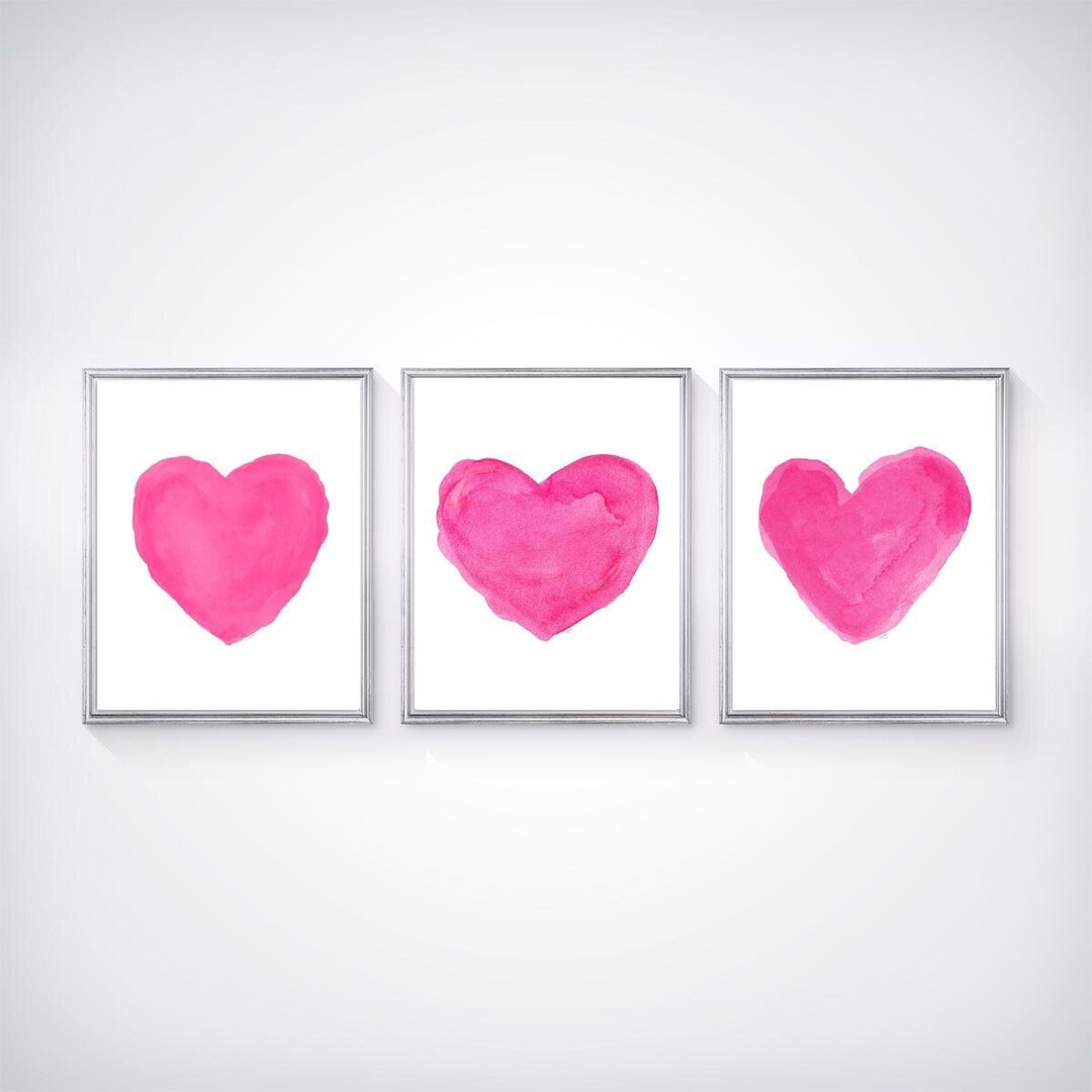 Hot Pink Heart Prints, Set of 3, Hot Pink Wall Decor, Hot Pink Art, Hot ...