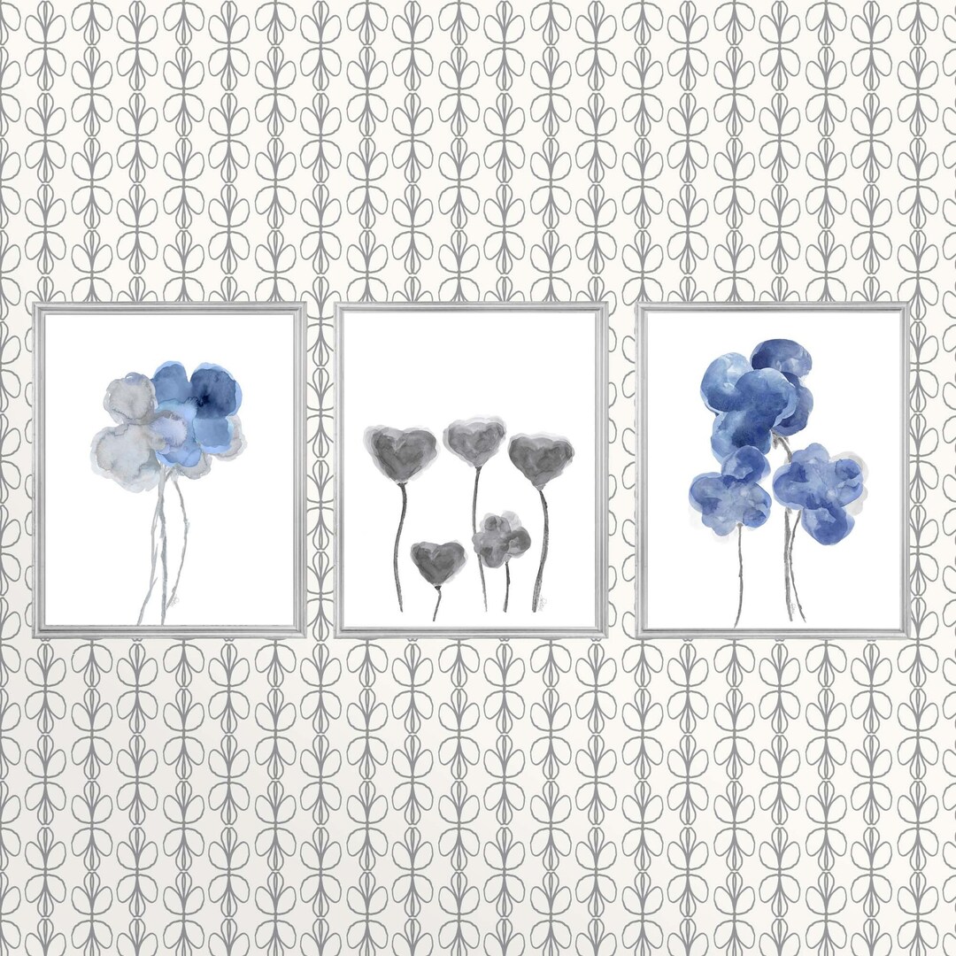 Blue and Gray Floral Wall Art, Set of 3 Prints, Watercolor Botanical ...