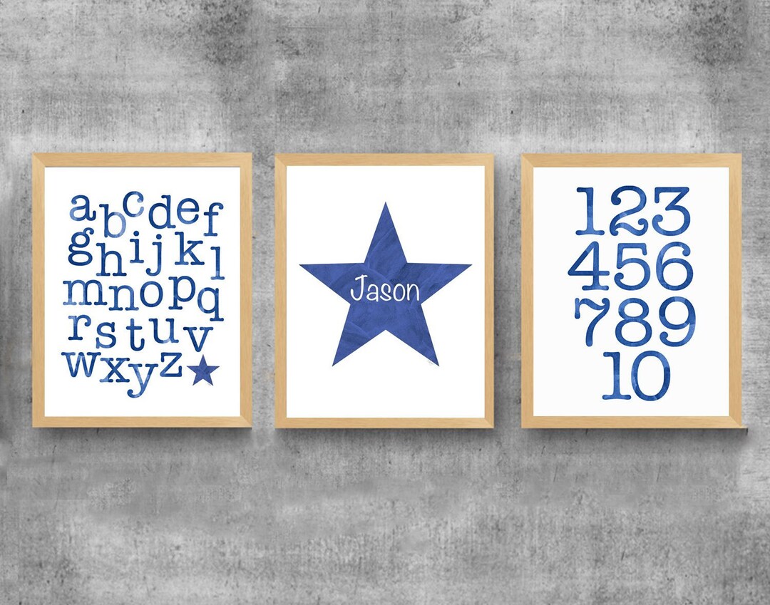 ABC 123 Wall Art, Set of 3, Blue ABC 123, Navy Playroom Print, Teaching ...