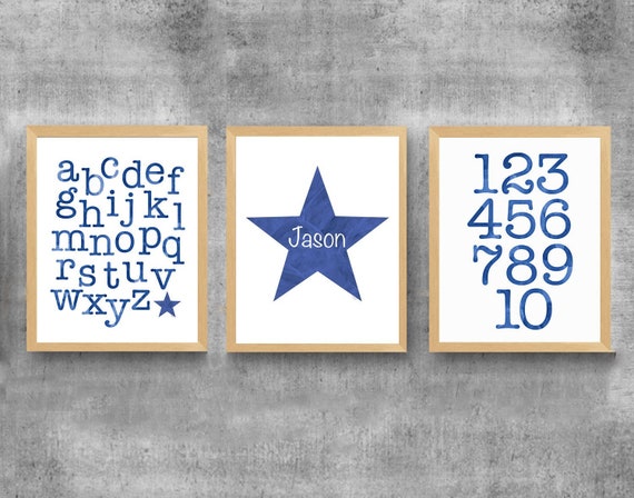 ABC 123 Wall Art Set of 3 Blue ABC 123 Navy Playroom Print | Etsy