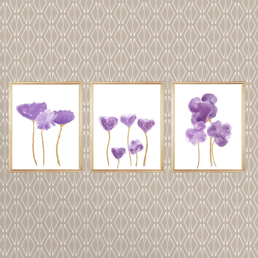 Plum and Gold Wall Decor, Set of 3 Prints, Plum Floral Wall Art, Plum ...